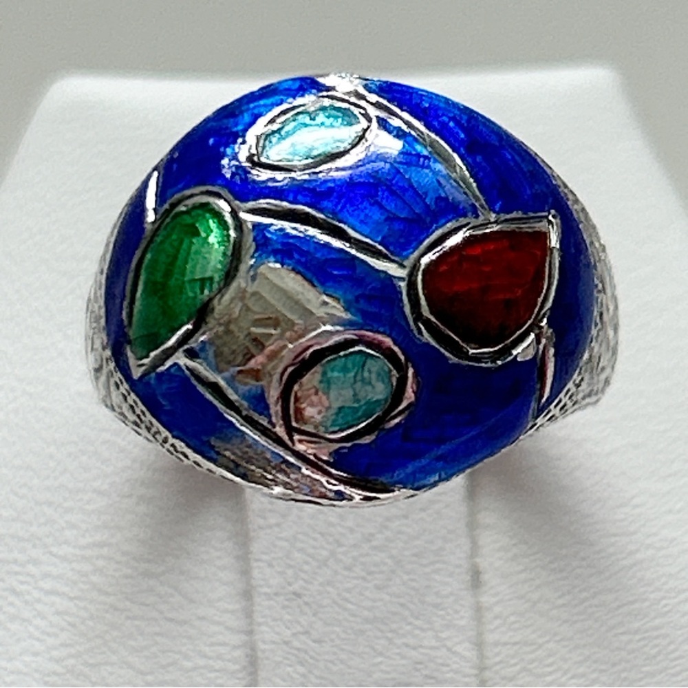 Vintage Siam Colorful Enamel Sterling Silver Ring - Gem